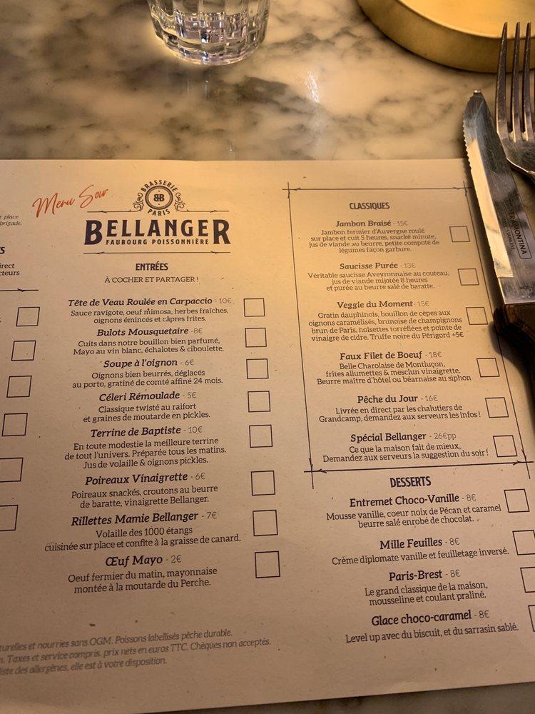 Menu at Brasserie Bellanger restaurant, Paris