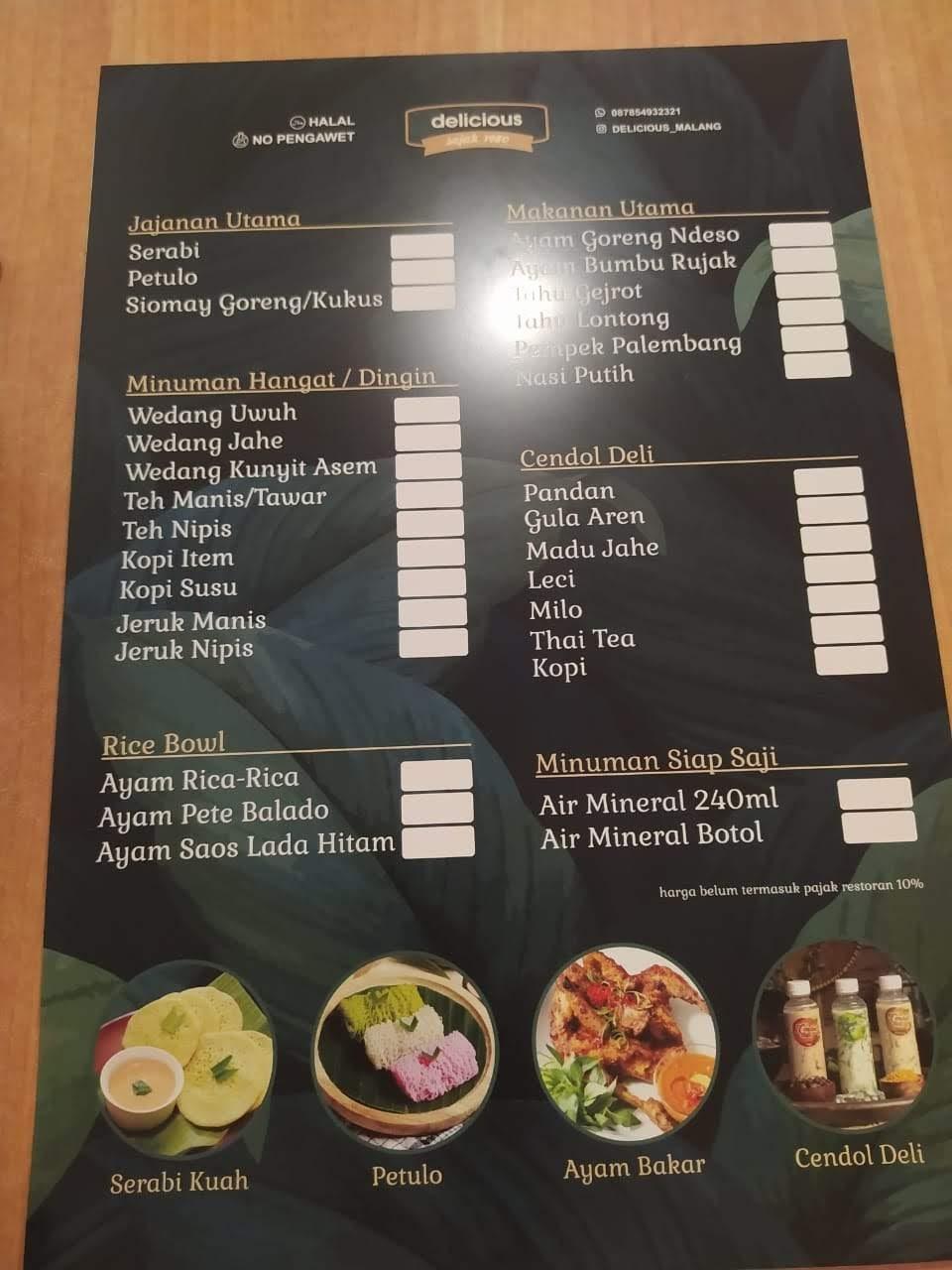 Menu at Delicious Malang restaurant, Malang