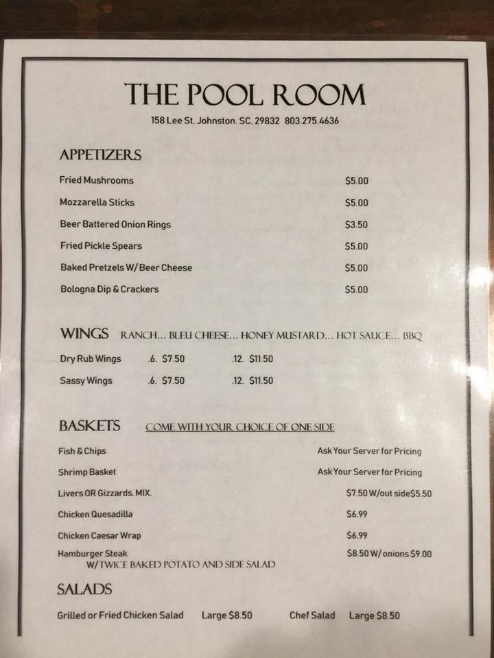Menu at The Pool Room pub & bar, Johnston