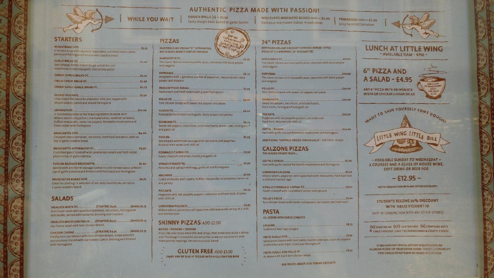 Menu at Little Wing Pizzeria, Belfast, 10 Ann St