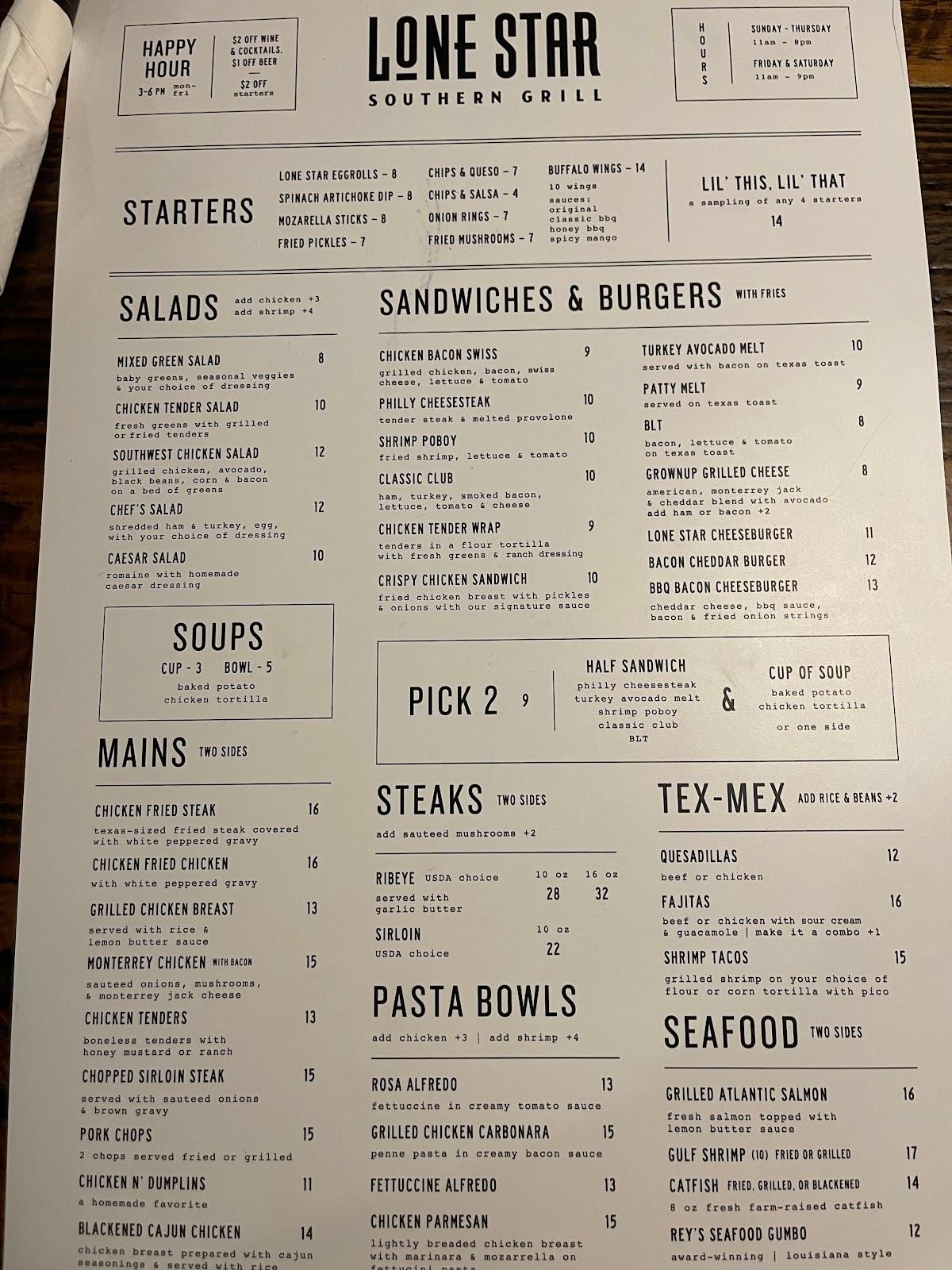 Menu at Lone Star Southern Grill steakhouse, Brenham