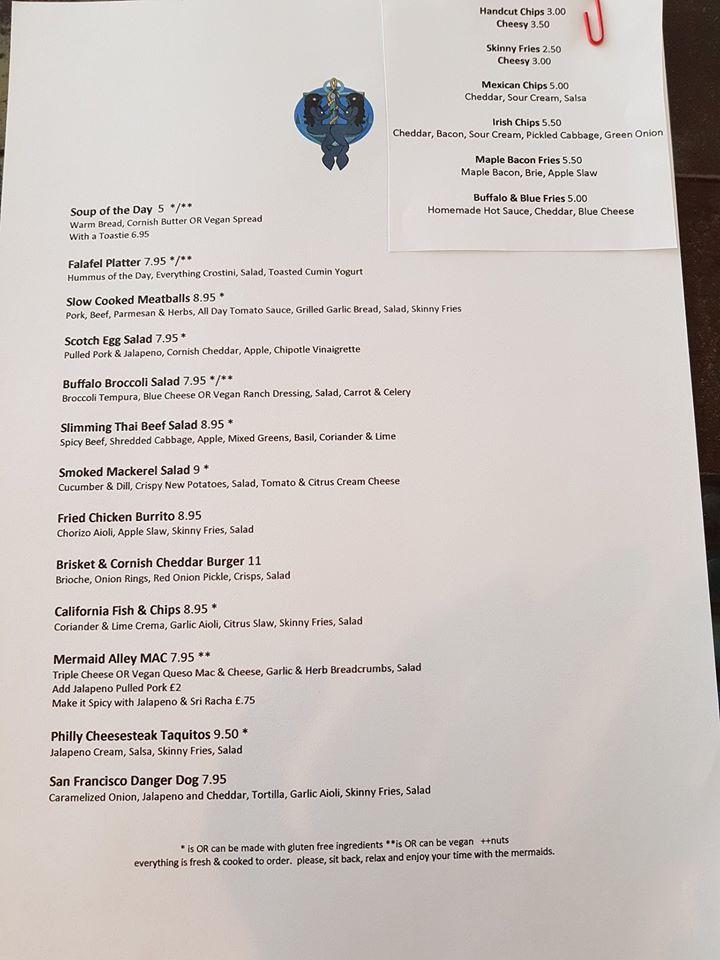 Menu at Mermaid Alley restaurant, Penzance