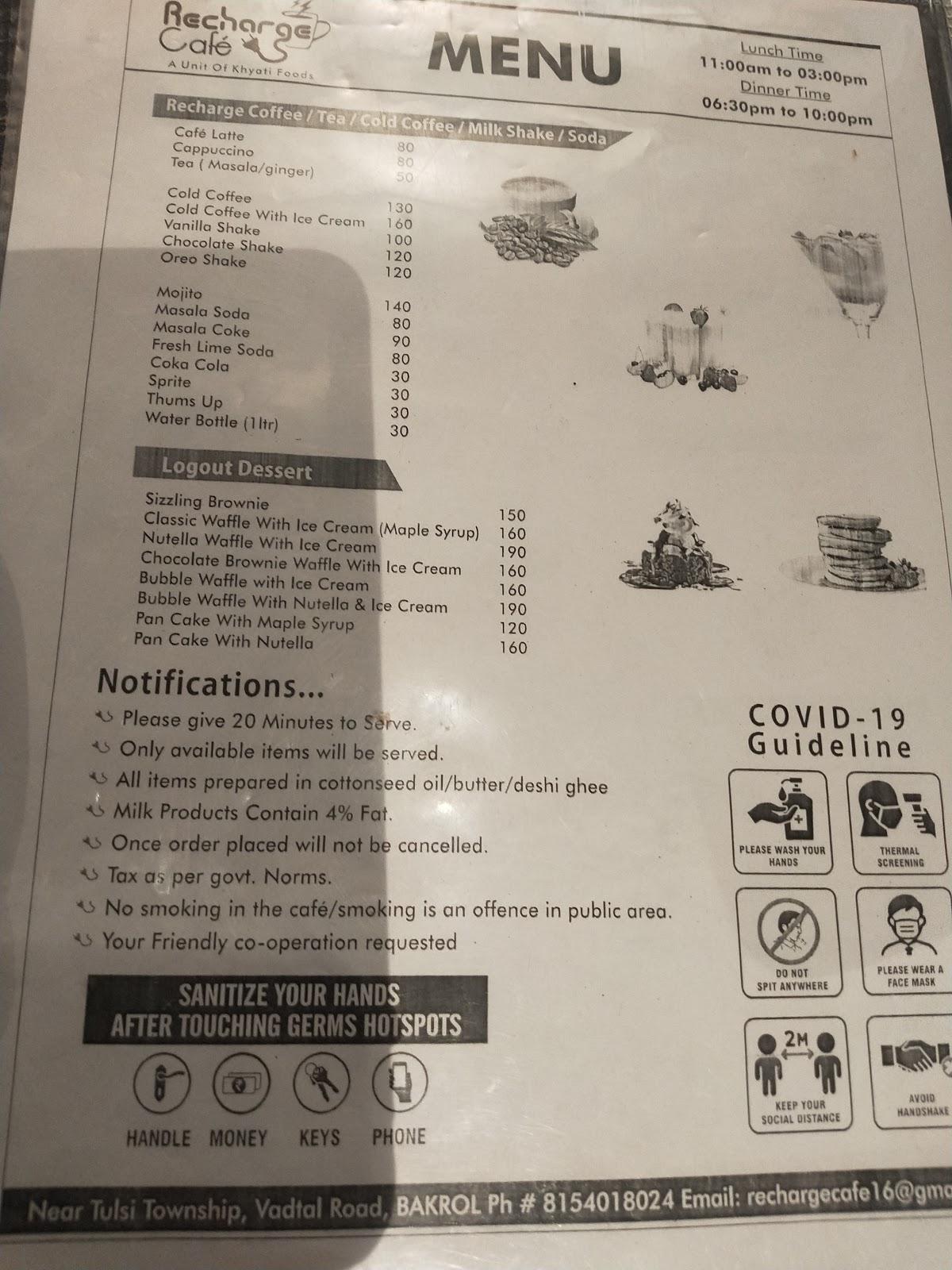 Menu at Recharge Cafe, Anand, Near Tulsi Township