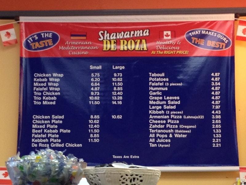 Menu at Shawarma De Roza restaurant, Ottawa, Prince of Wales Dr
