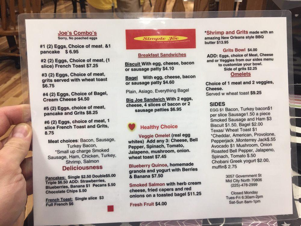 Menu at Simple Joe Cafe, Baton Rouge
