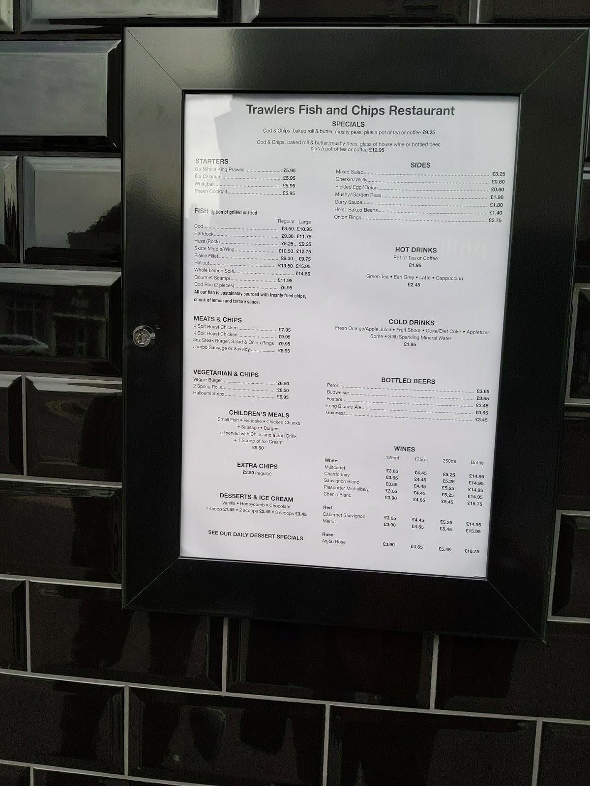 Menu at Trawlers fast food, Seaford, 32 Church St