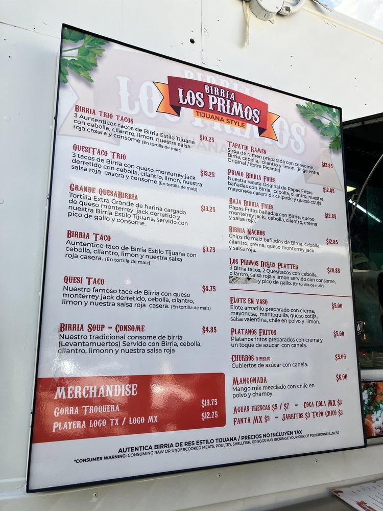 Menu at Birria Los Primos Food Truck restaurant, Porter, Ford Rd