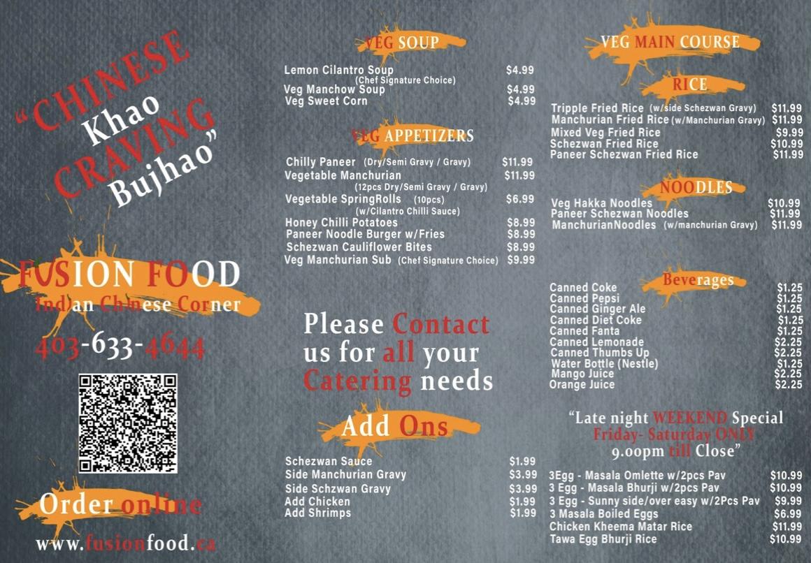 Menu at Fusion Food IndoChinese restaurant, Calgary