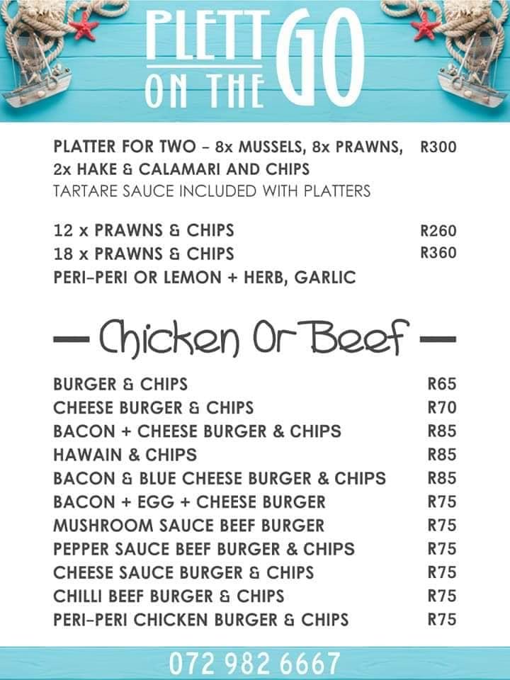 Menu at Plett On The Go restaurant, Plettenberg Bay