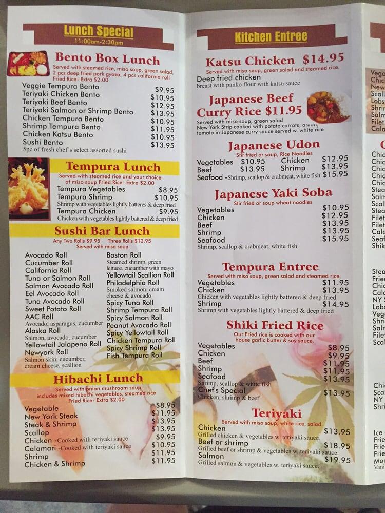 Menu at Shiki Hibachi Sushi restaurant, Walla Walla