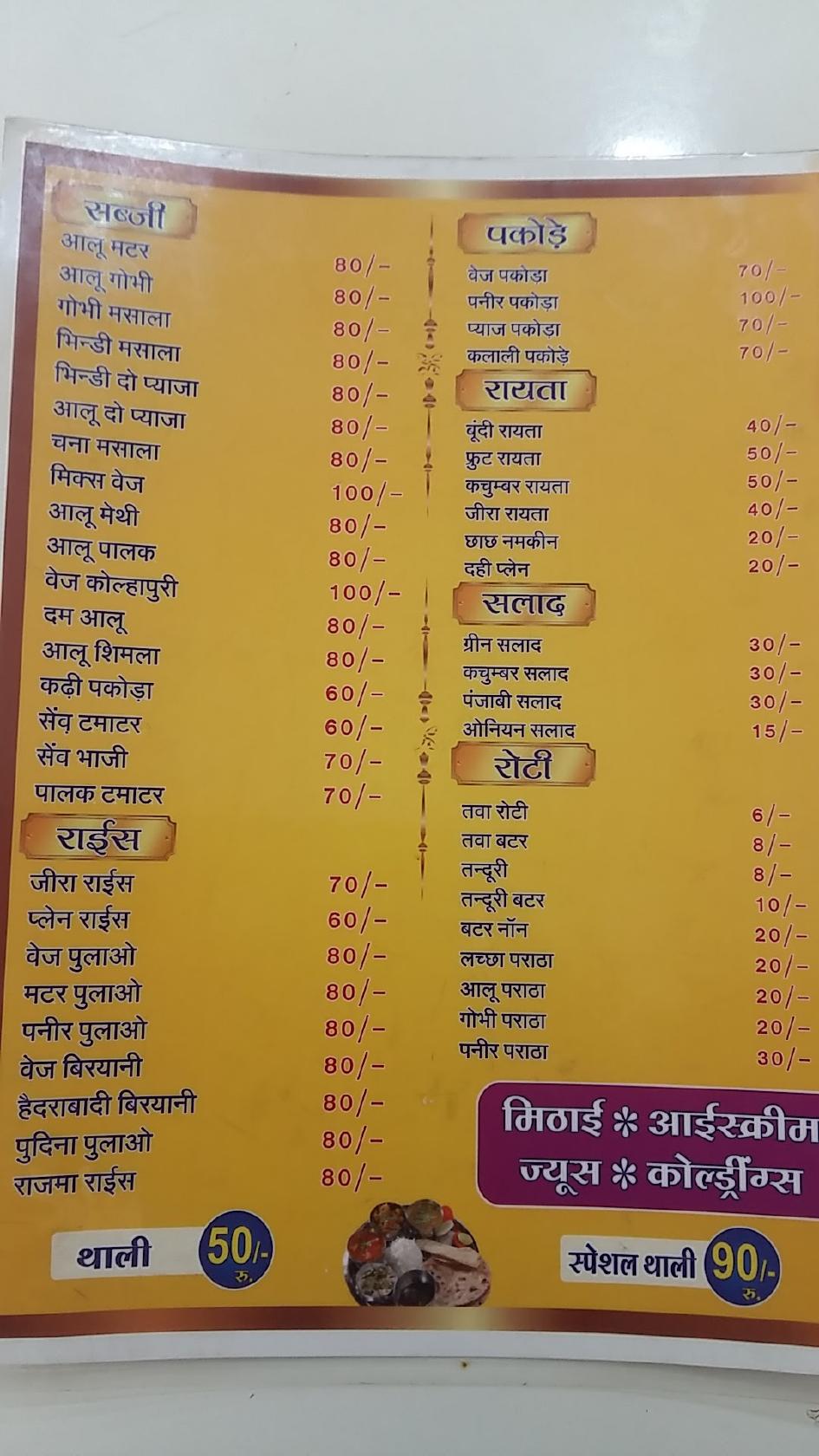 Menu at Thali Tasty, Indore