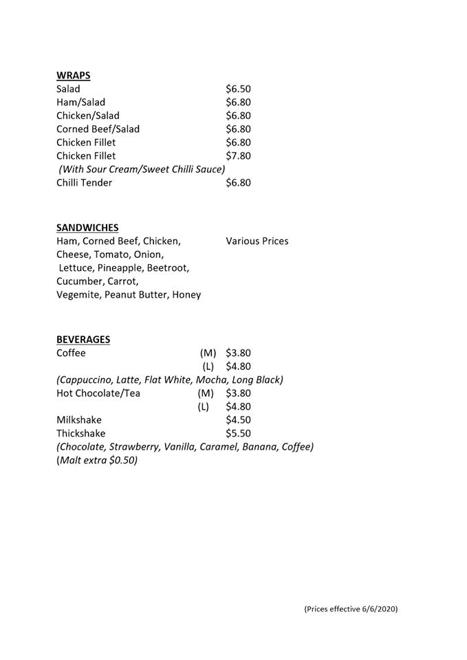 Menu at Black Stump Shell Service Station cafe, Coolah