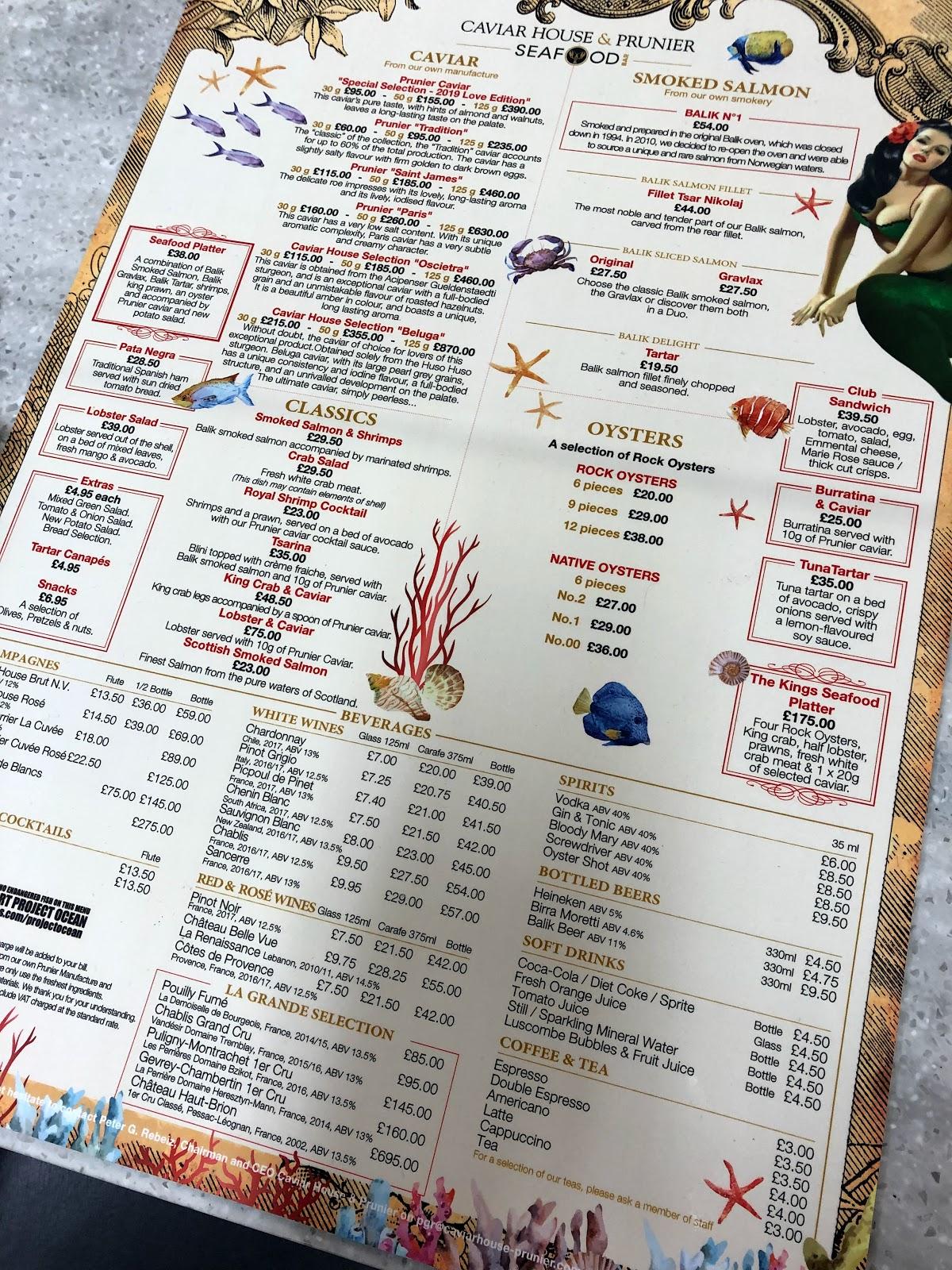 Menu at Caviar House & Prunier Seafood Bar, London, Selfridges