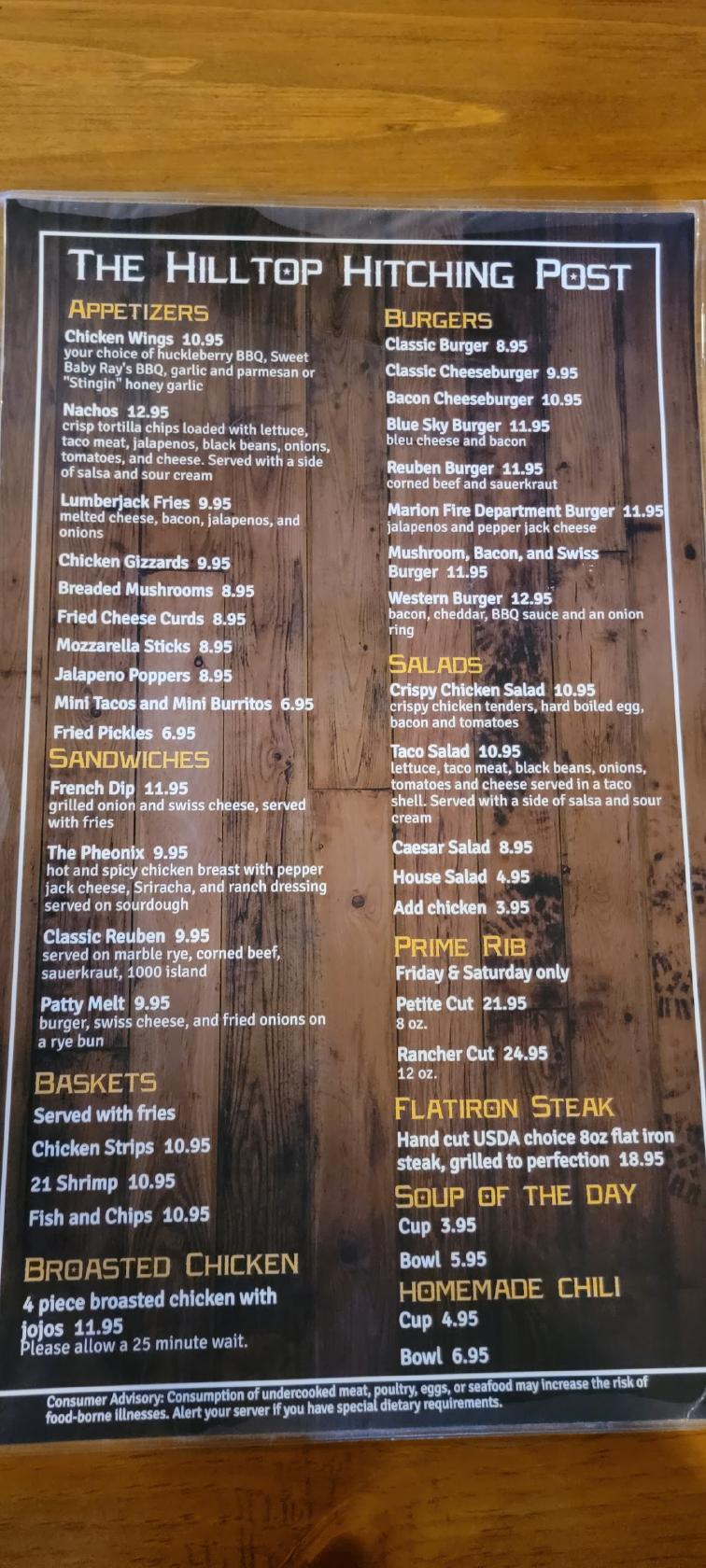 Menu at Hilltop Hitching Post pub & bar, Marion