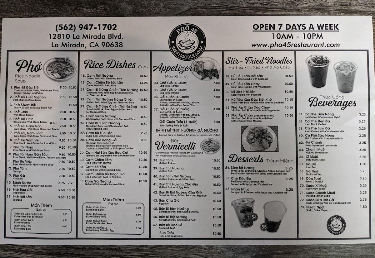 Menu at Pho 45 - La Mirada restaurant, La Mirada, La Mirada Blvd