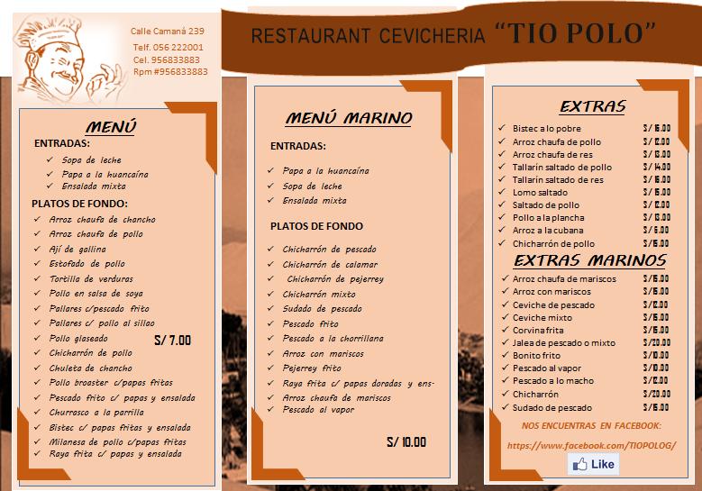 Menu at TÌO POLO, Ica