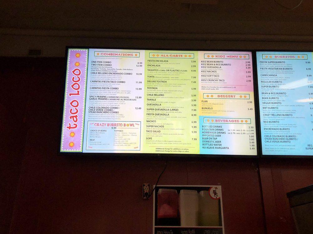 Menu at Taco Loco restaurant, Fortuna