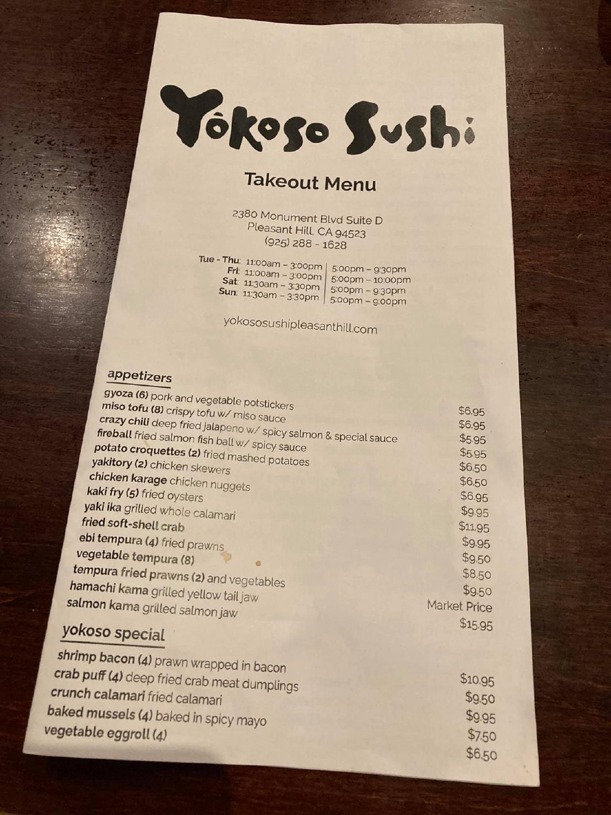 Carta de Yokoso Japanese Restaurant, Pleasant Hill