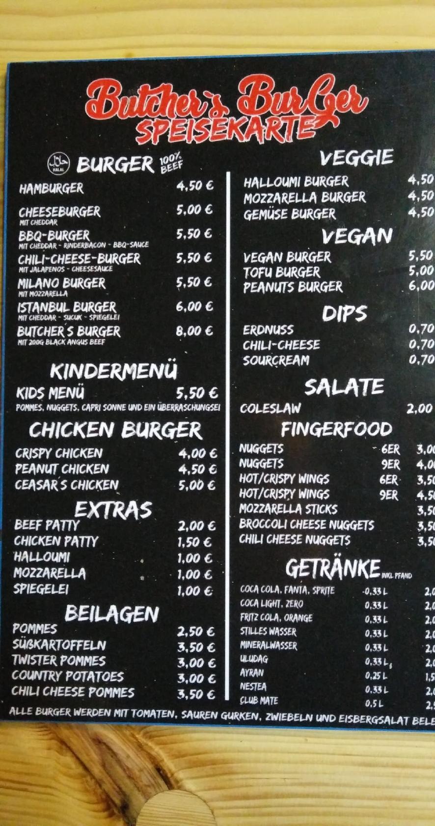 Speisekarte von Butchers Burger restaurant, Berlin