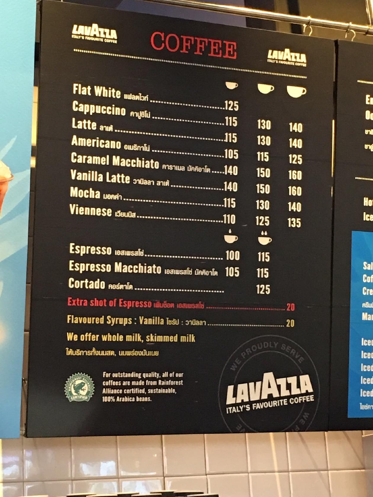 Menu at Caffè Ritazza cafe, Bangkok, Concourse F