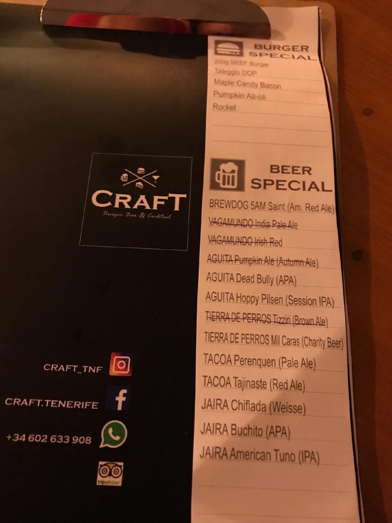 Menu at Craft burger bar & cocktail, Costa Adeje