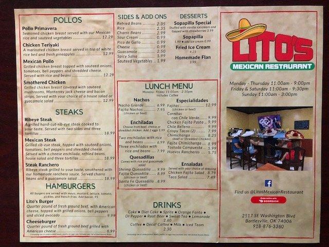 Menu at Lito's Mexican Restaurant, Bartlesville