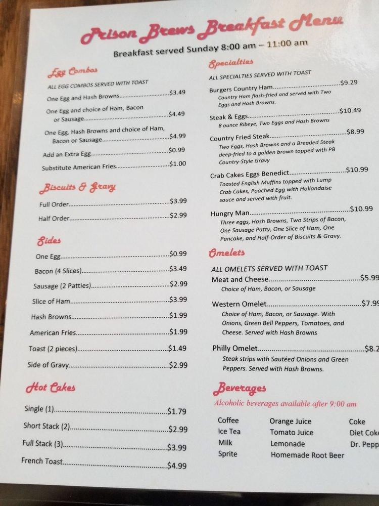 Menu at Prison Brews pub & bar, Jefferson City