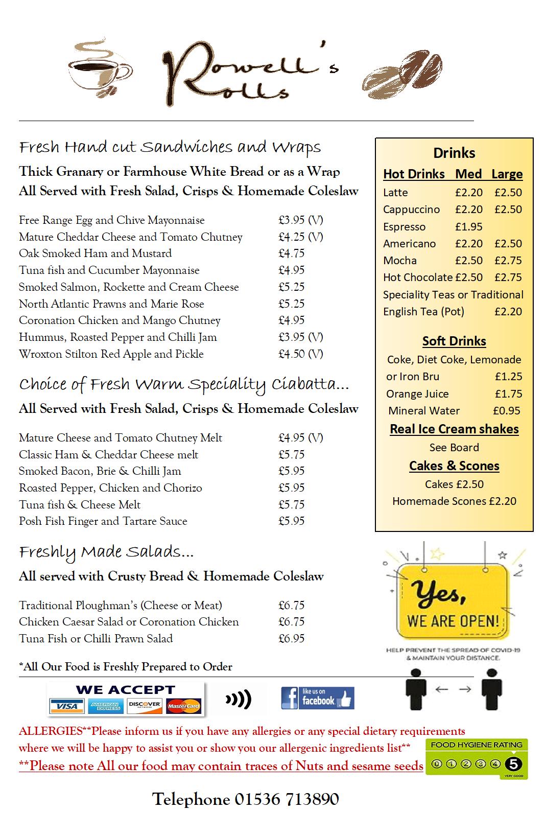 Menu at Rowell's Rolls cafe, Rothwell