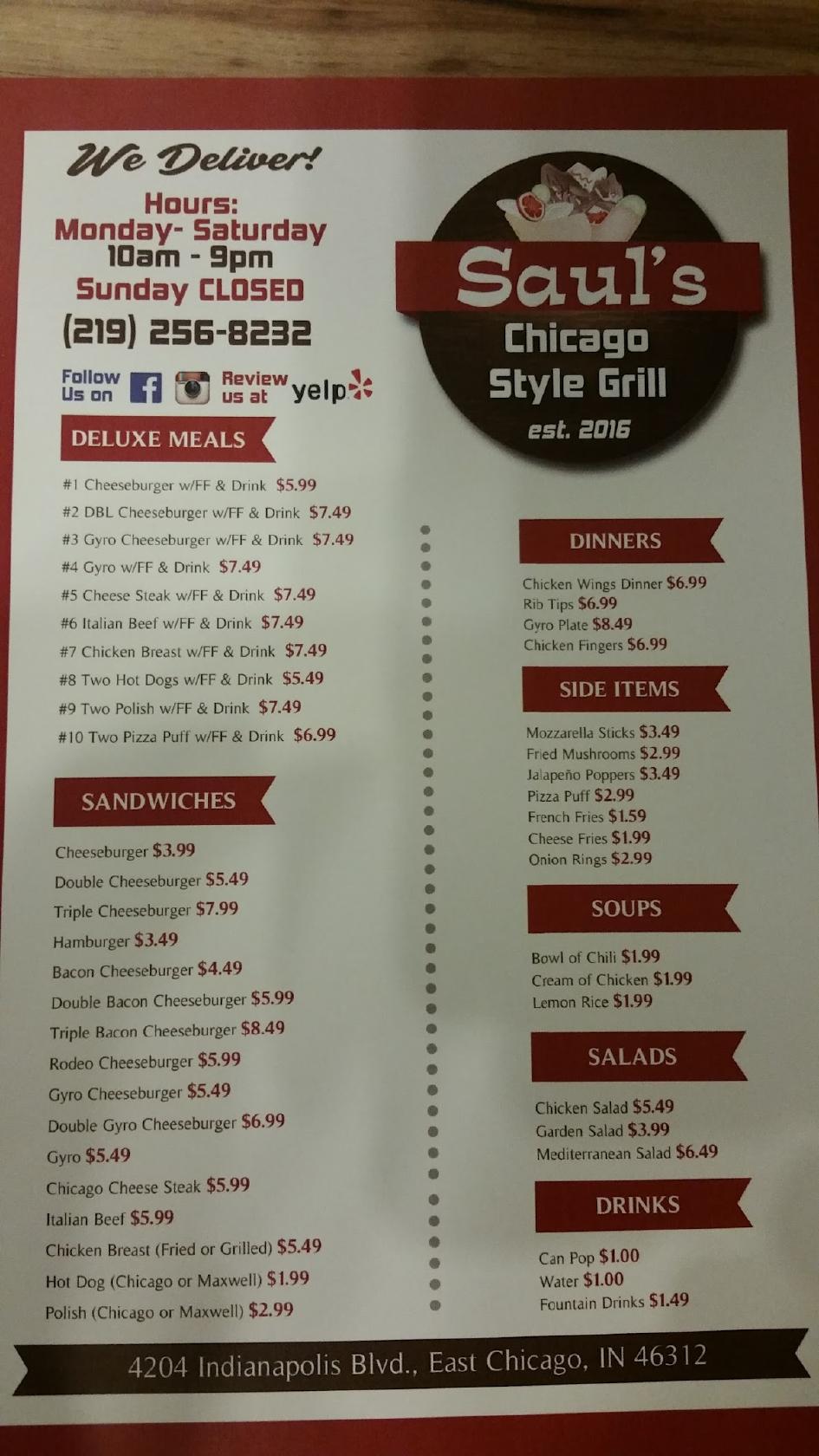 Menu at Saul's Chicago Style Grill fast food, East Chicago