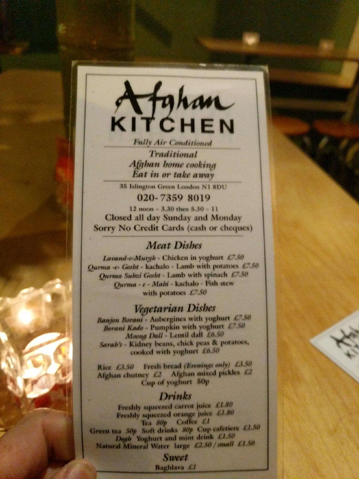Menu at Afghan Kitchen restaurant, London, 35 Islington Grn