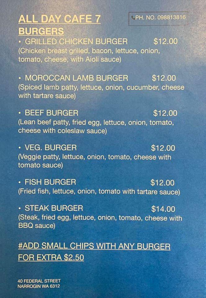 Menu at All Day Cafe 7, Narrogin