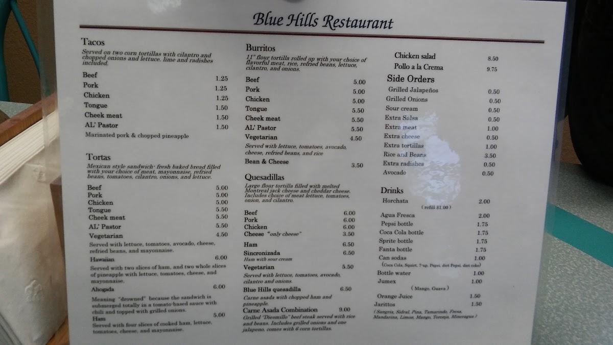 Menu at Blue Hills Taqueria restaurant, Yakima, Tieton Dr