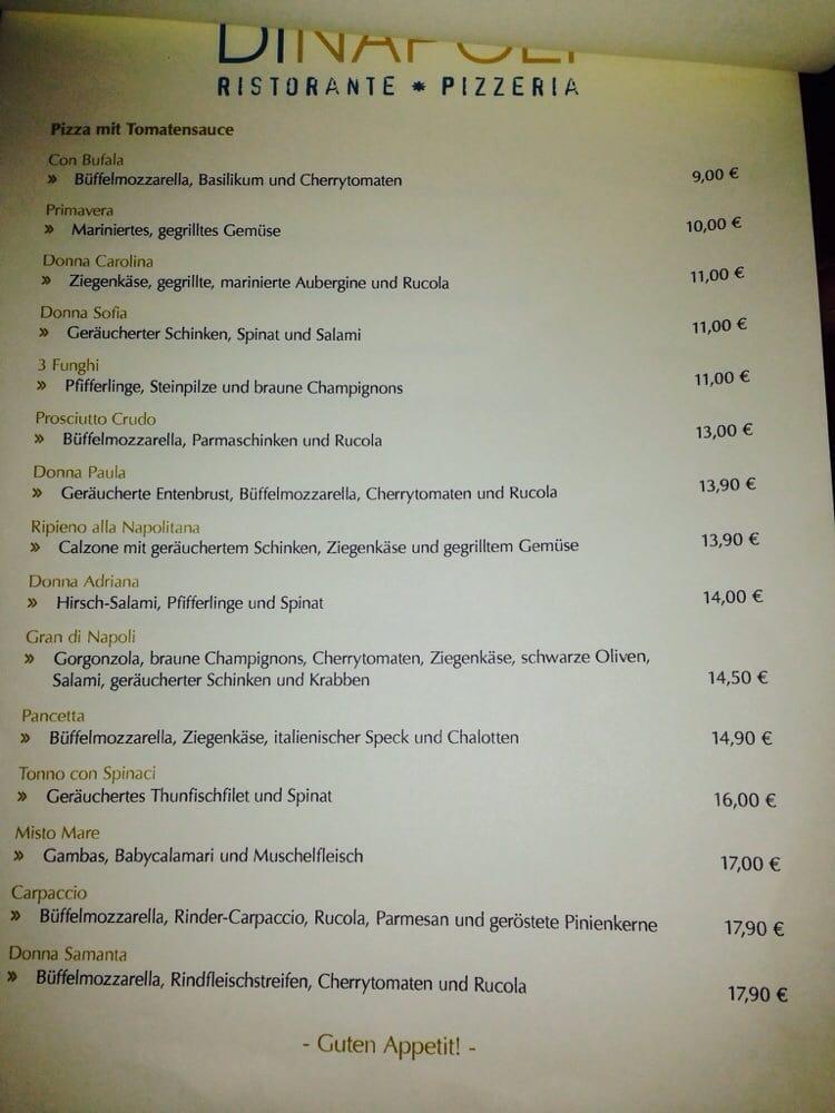 Menu at Di Napoli pizzeria, Düsseldorf, Moltkestraße 117