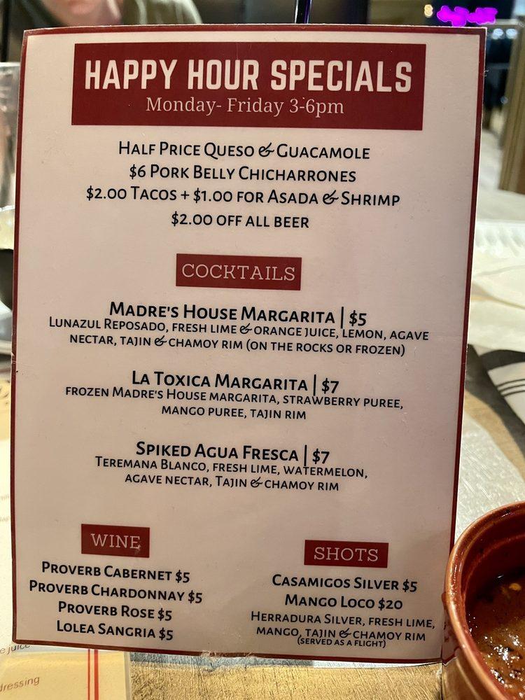 Menu at Madre's Mexican Kitchen restaurant, Tulsa