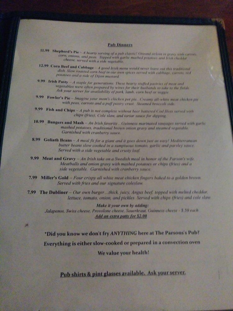Menu at Parson's Pub, Murphy