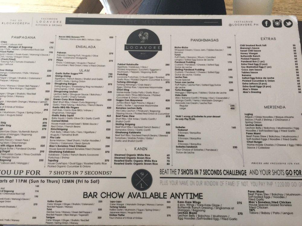 Menu at Locavore BGC restaurant, Taguig, Forbes Town Center
