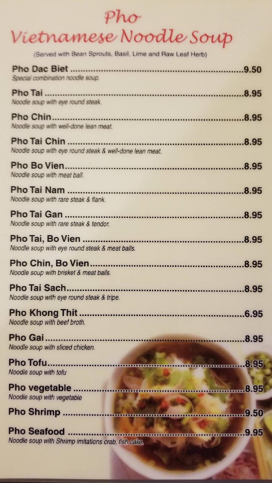 Menu at Pho Saigon restaurant, Boardman