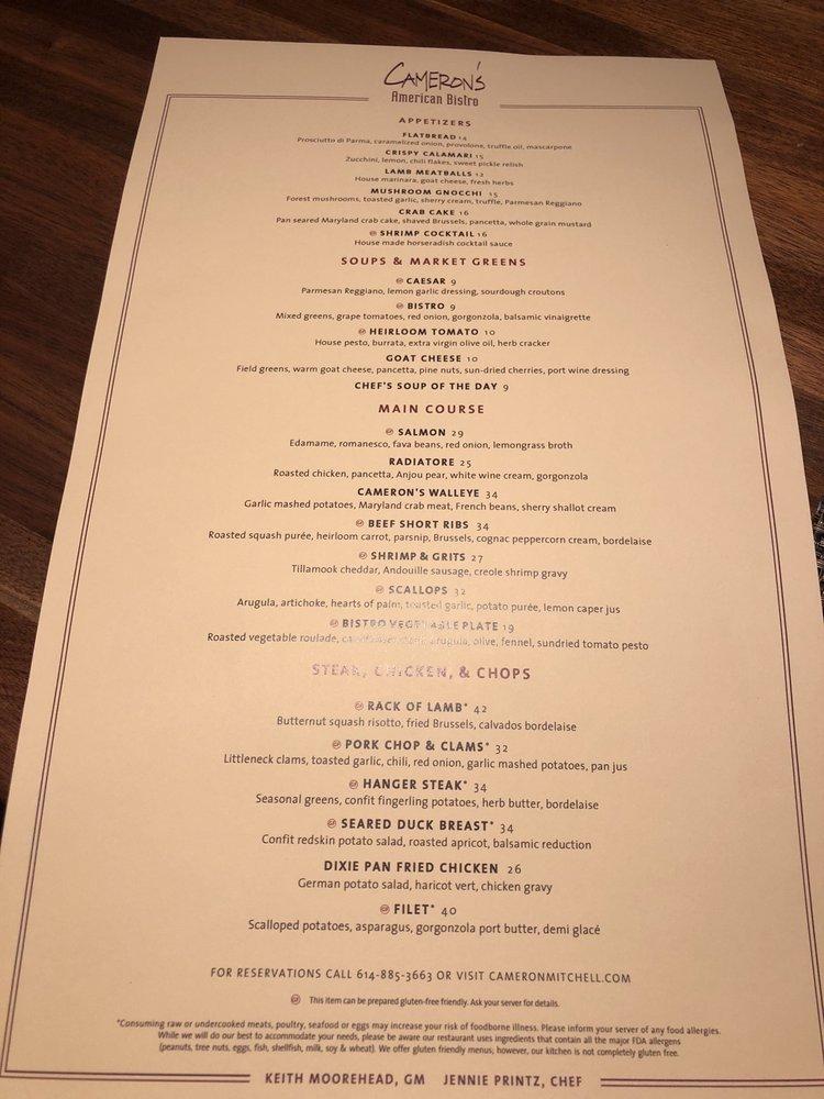 Menu at Cameron's American Bistro pub & bar, Worthington