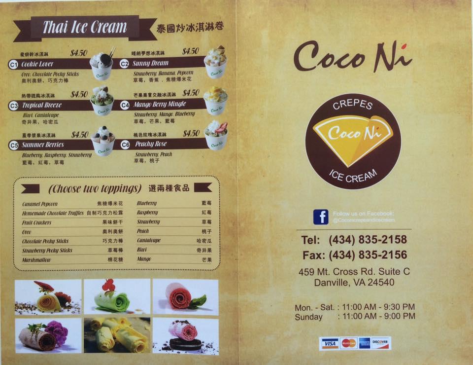 Menu at Coco Ni Inc. restaurant, Danville