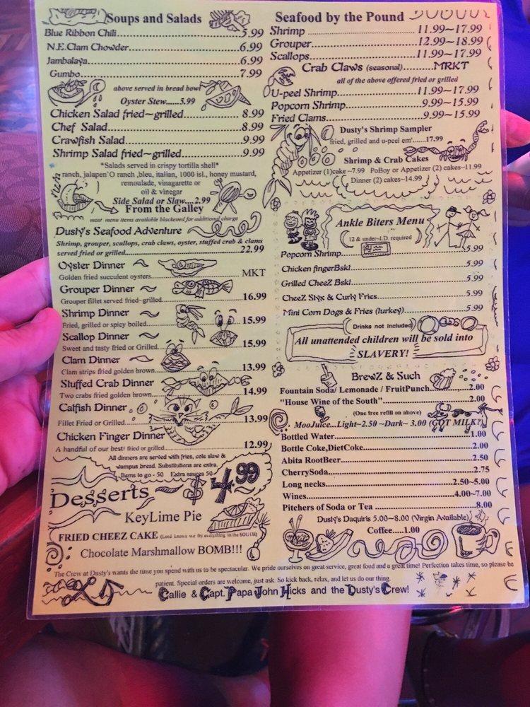Menu at Dusty's pub & bar, Panama City Beach