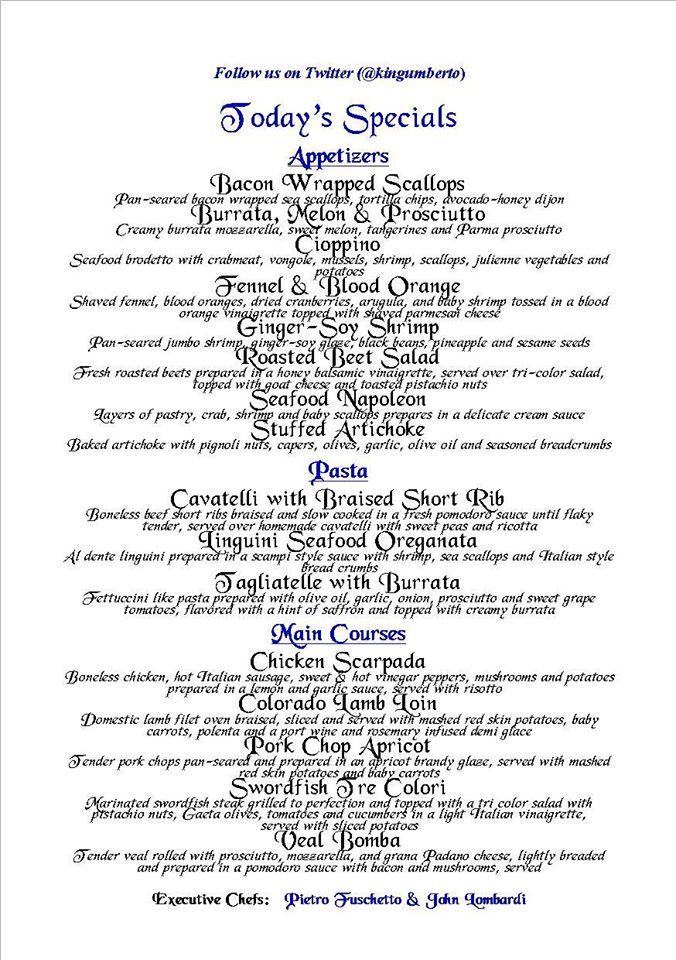 Menu at King Umberto pizzeria, Elmont