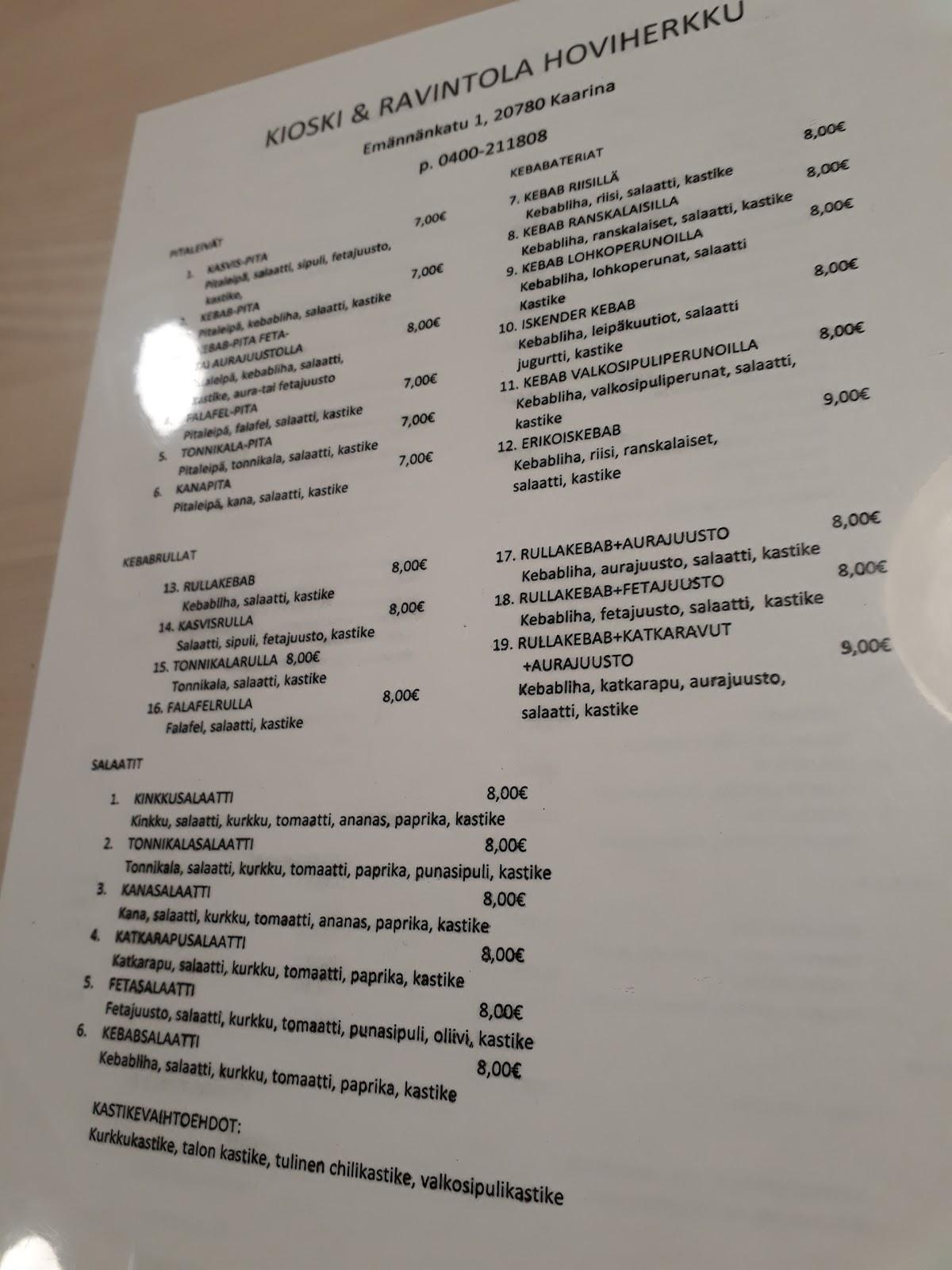 Menu at Kioski & Ravintola Hoviherkku restaurant, Kaarina