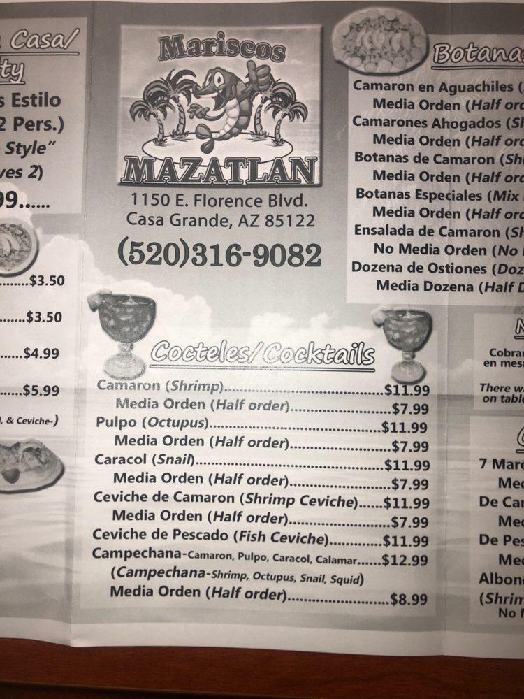 Menu at Mariscos Mazatlan restaurant, Casa Grande