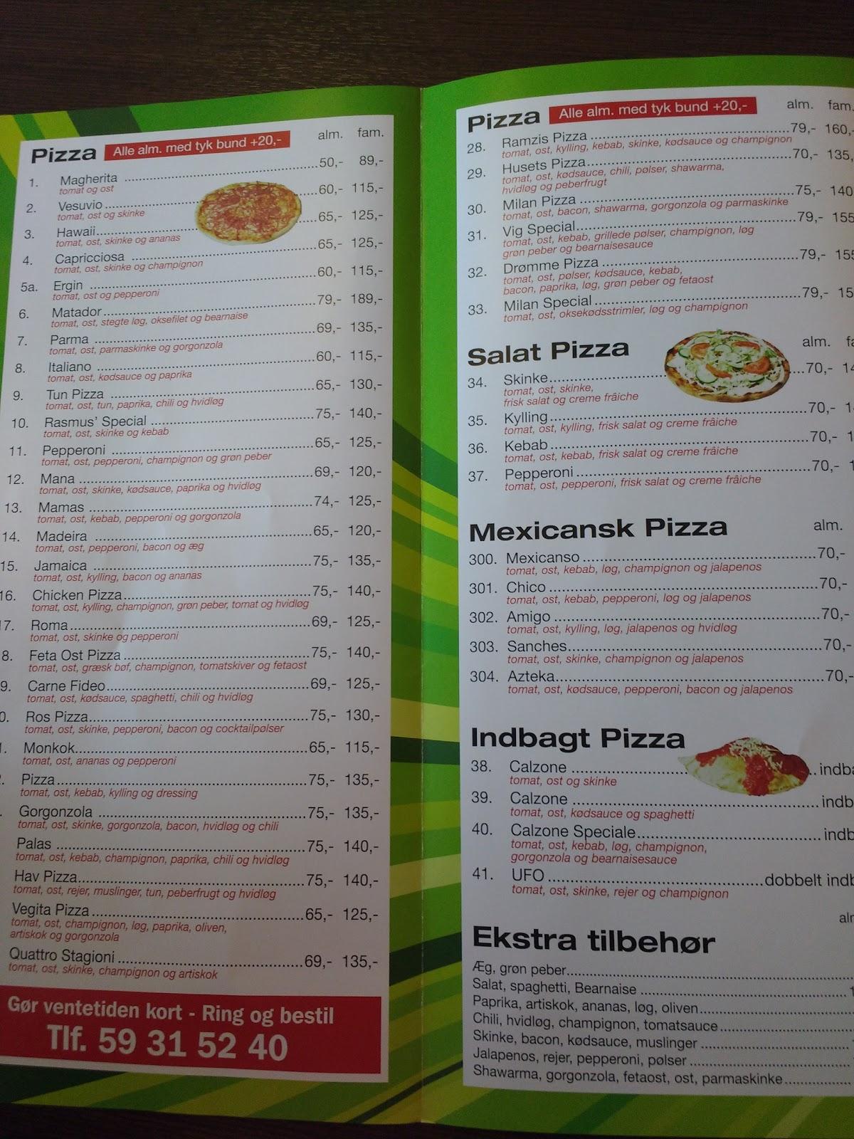 Menu at Milan pizzeria, Vig