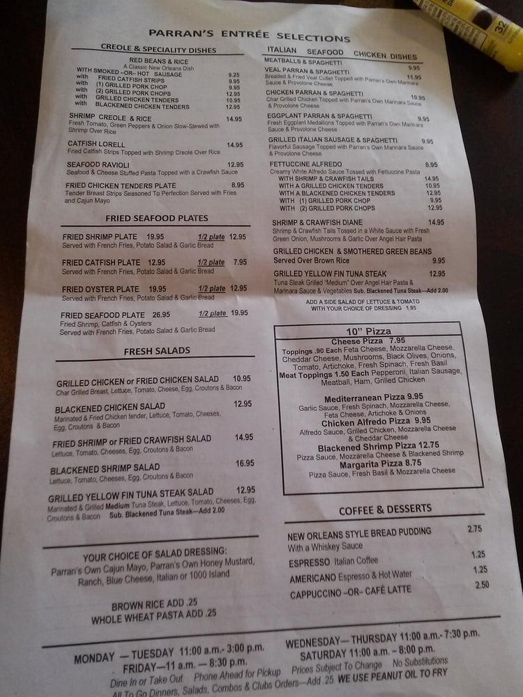 Menu at Parran's Po-Boys & Restaurant, Metairie, Veterans Blvd
