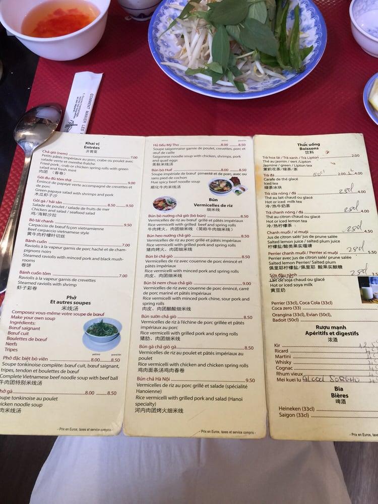 Carta del restaurante Pho Bida Viet Nam, Paris