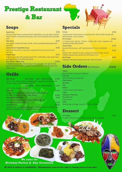 Menu at Prestige Restaurant & Bar Club, Birmingham