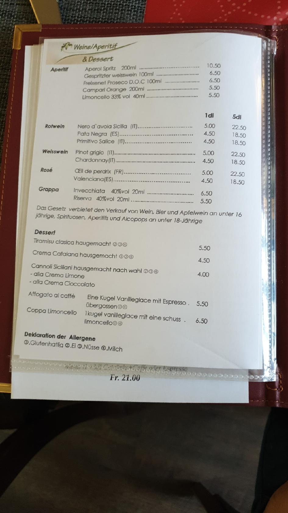 Menu at Pizzeria Rapido, Zürich, Ackersteinstrasse 205