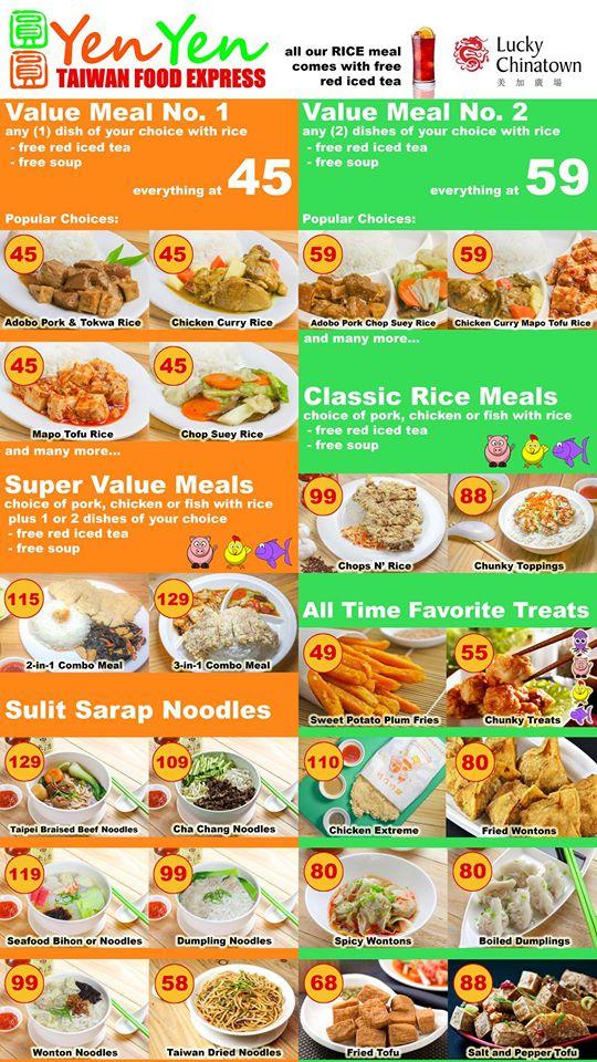 Carta del restaurante Yen Yen Taiwan Food Express, Ciudad Quezon