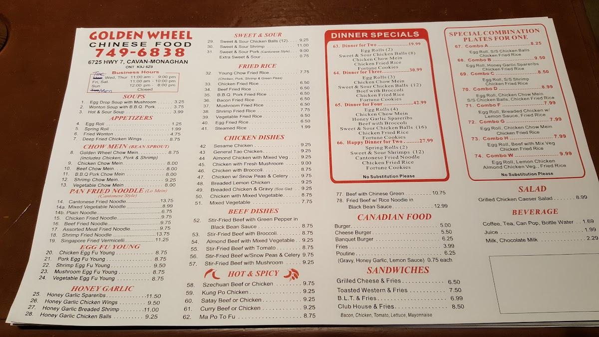 Menu at Golden Wheel Restaurant, Peterborough, Trans-Canada Hwy